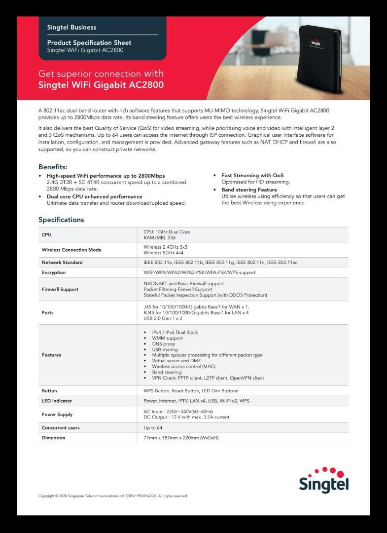 Singtel Arcadyan AC2800 Wifi Gigabit Router, Computers & Tech, Office ...