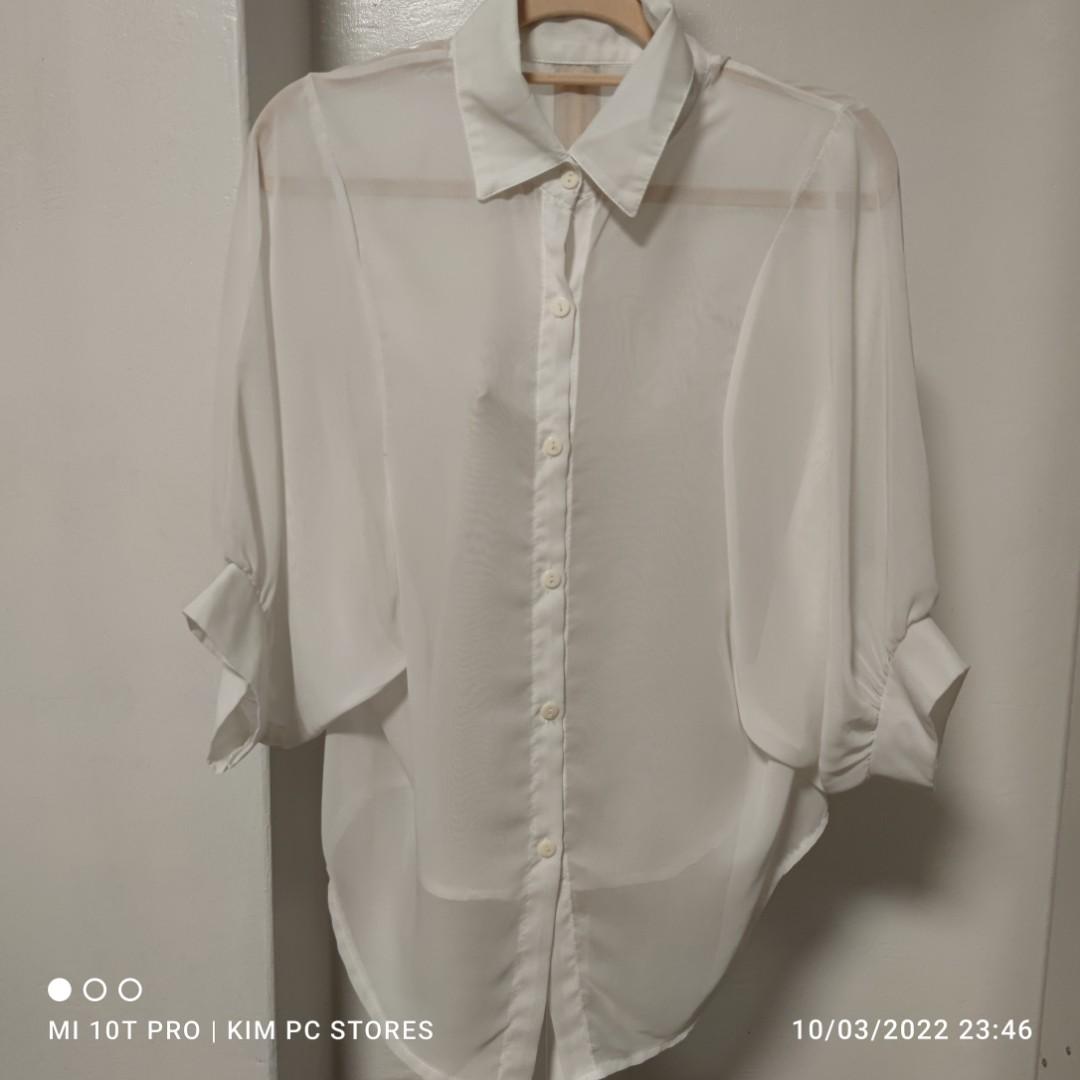 White blouse 3/4 see through button up butterfly sleeves semi formal ...