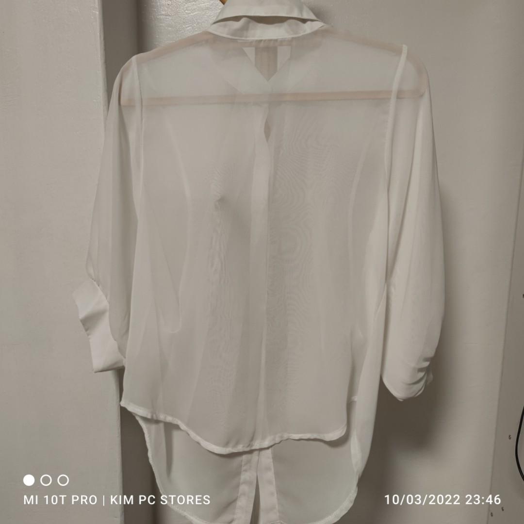 White blouse 3/4 see through button up butterfly sleeves semi formal ...