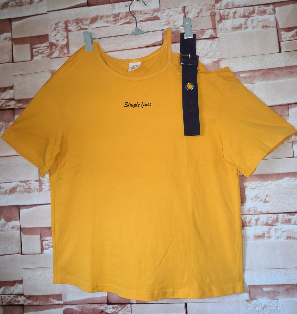 Yellow Top belt and strap style left shoulder, Women's Fashion, Tops ...