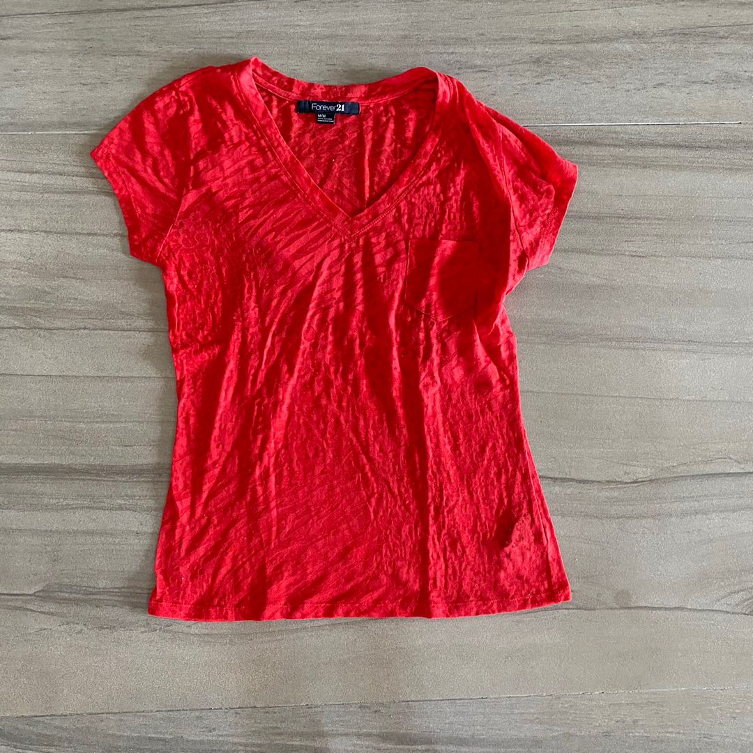 FOREVER 21 animal sheer, red top with side pocket design, Women's ...