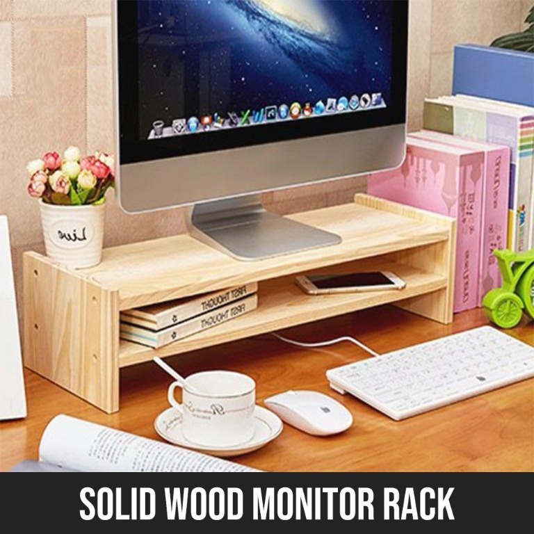 PINE WOOD MONITOR STAND 100% SOLID WOODEN RACK OFFICE TABLE DESK ...