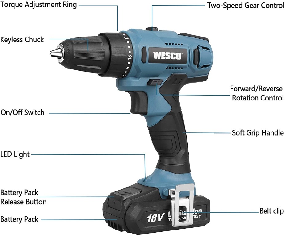 [C5554] Cordless Drill, WESCO 18V 2.0Ah Power Combi Drill Kit with Li ...