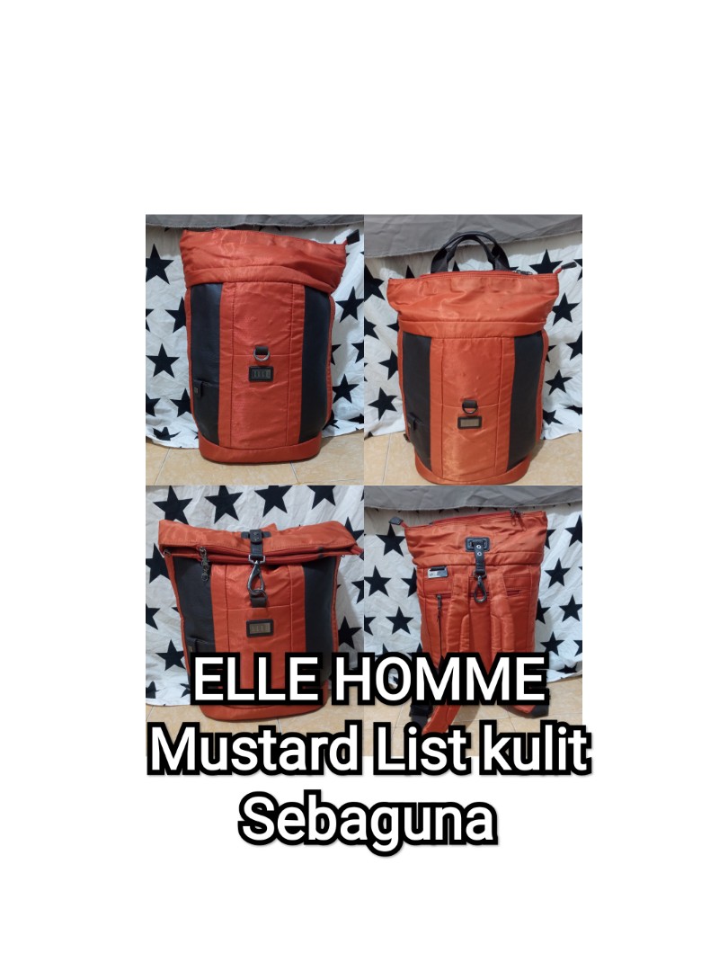 Original ELLE HOMME tas serbaguna warna Mustard List Kulit bagian depan ...