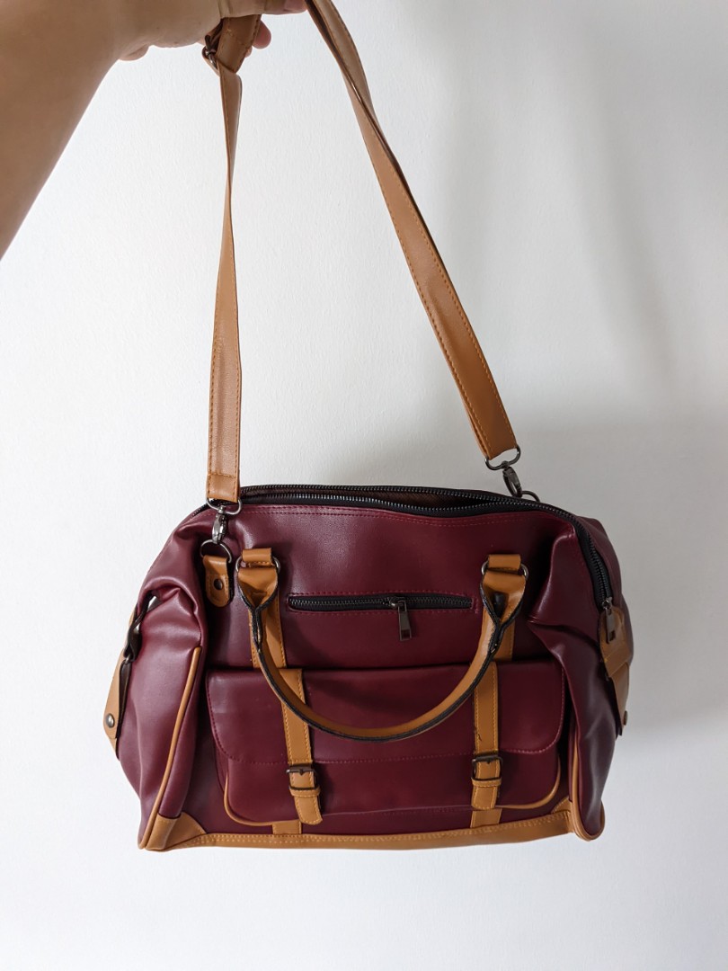 Maroon shoulder bag with tan trimmings and handle, Women's Fashion ...