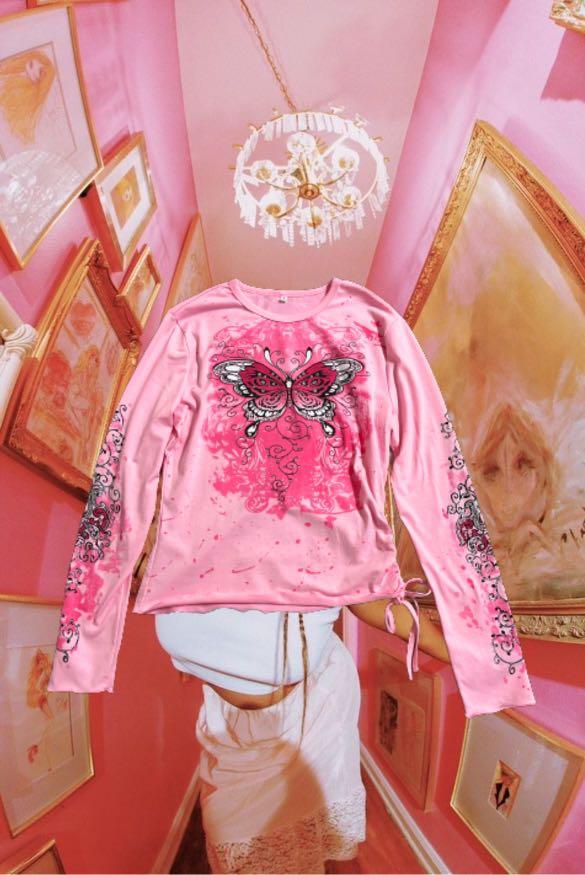 Y2K cybercore butterfly long sleeve top, Women's Fashion, Tops ...