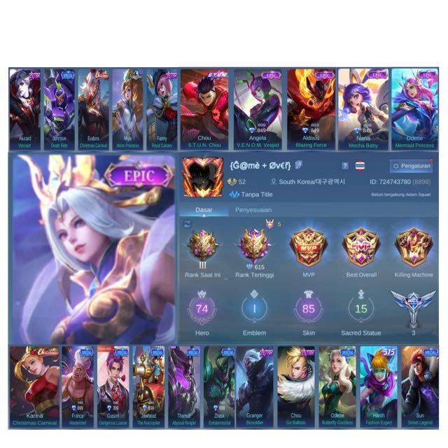85 skins Mobile Legends account # (74 HEROES, 85 SKINS, 1 EMBLEM MAXED ...