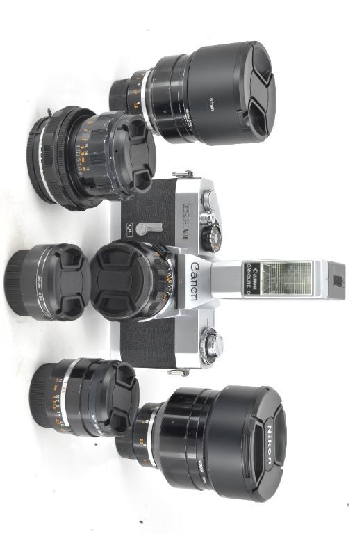 CANON EX AUTO FILM CAMERA with ORIGINAL FLASH & 4 LENSES 35mm F:3.5 , 50mm F:1.8 , 95mm F:3.5 ...