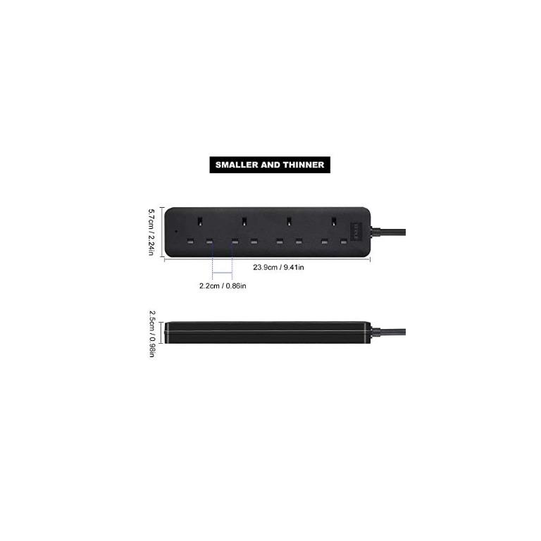 LIPWEL Extension Lead Plug Extension Cord Black Power Strip 4 Way ...
