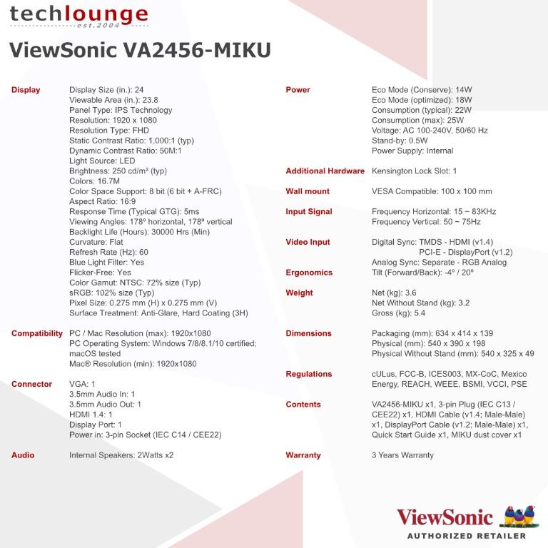 VIEWSONIC VA2456 - MIKU, Computers & Tech, Parts & Accessories, Monitor ...