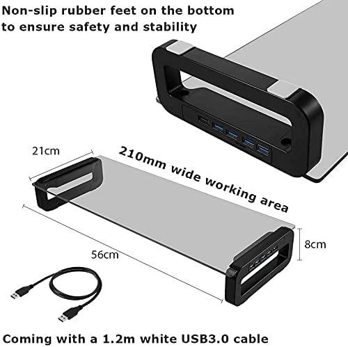 [61] Monitor Stand Riser, Dreamsoule 4-Port USB 3.0 Hub Tempered Glass ...