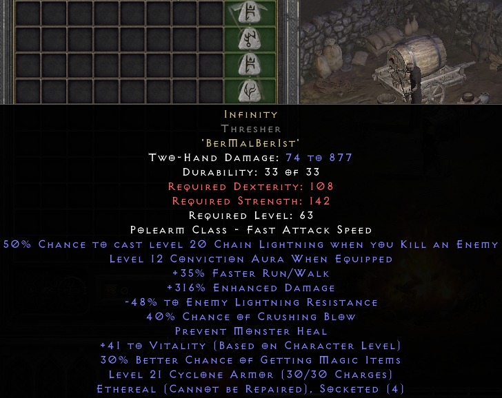 Diablo 2 Resurrected Infinity (Ethereal Thresher), Video Gaming, Gaming ...