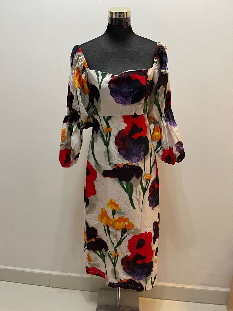 Floral Puff Long Sleeve Midi Dress, Women's Fashion, Dresses & Sets ...