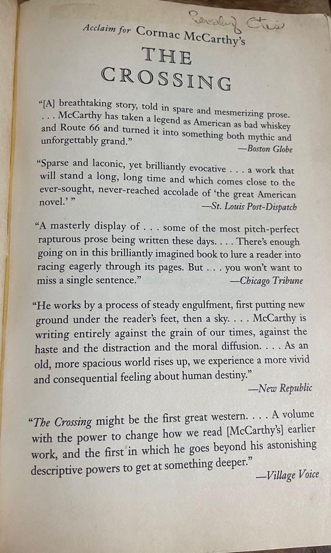 The Crossing (The Border Trilogy #2) by Cormac McCarthy , Hobbies ...