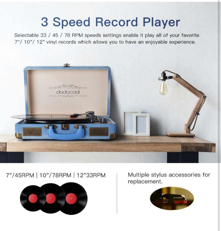Vinyl Record Player, dodocool Vintage Turntable 3-Speed with Blue Tooth ...