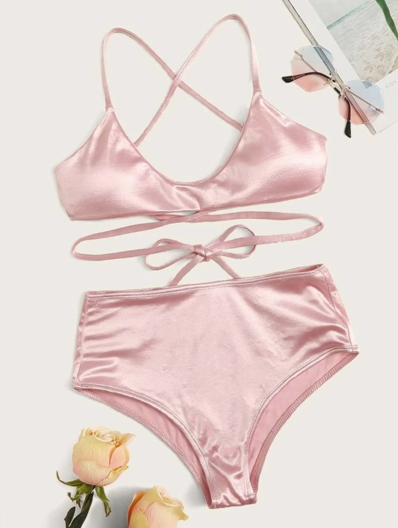 Criss-Cross Self Tie Satin Bikini Set, Women's Fashion, Swimwear ...