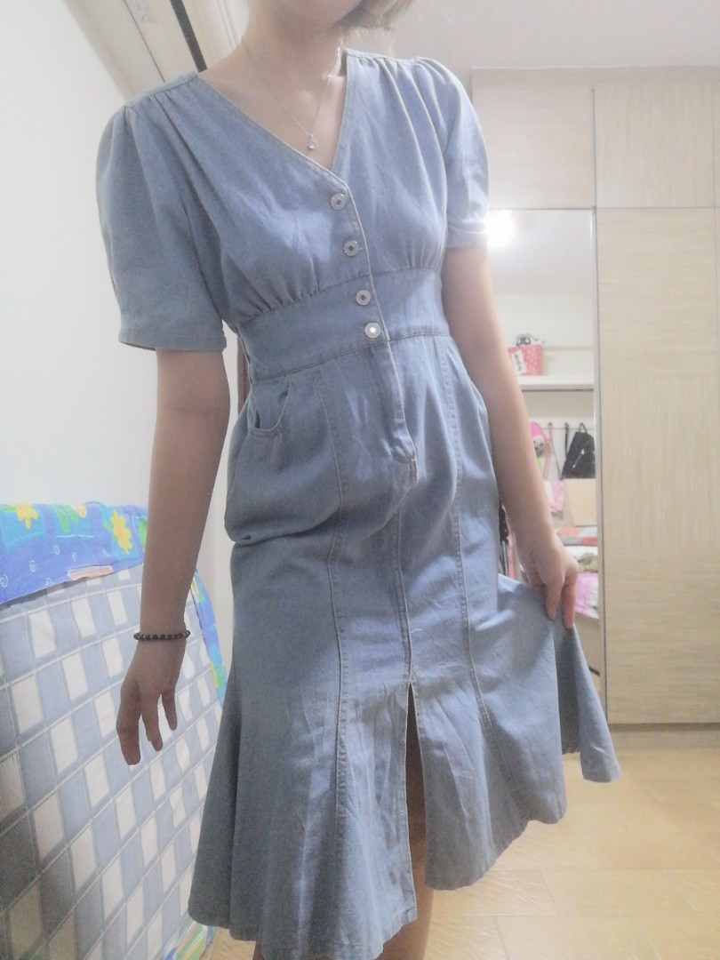 Denim Cottagecore Puffed Sleeves Mermaid Tail Midi Dress, Women's ...