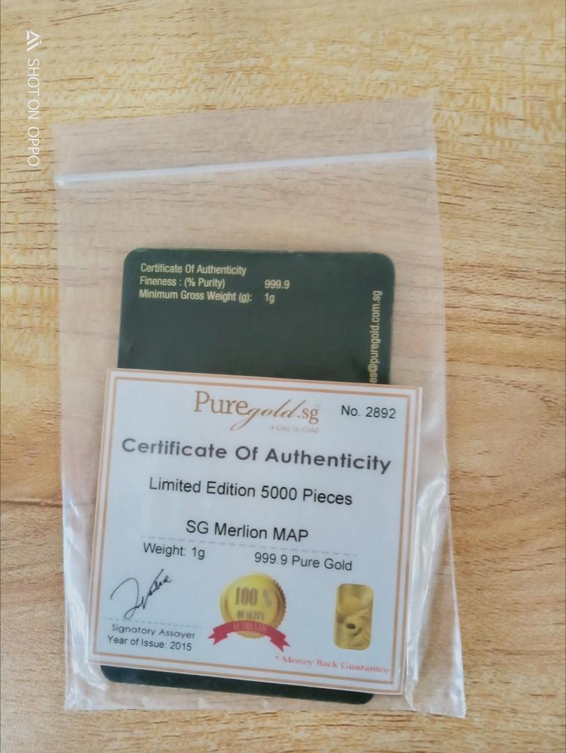 GOLD BAR PUREGOLD: 1g Limited Edition SG Merlion MAP, Luxury ...