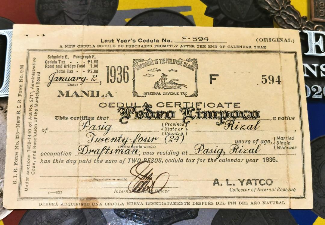 1936 Cedula Certificate Commonwealth Period, Hobbies & Toys ...