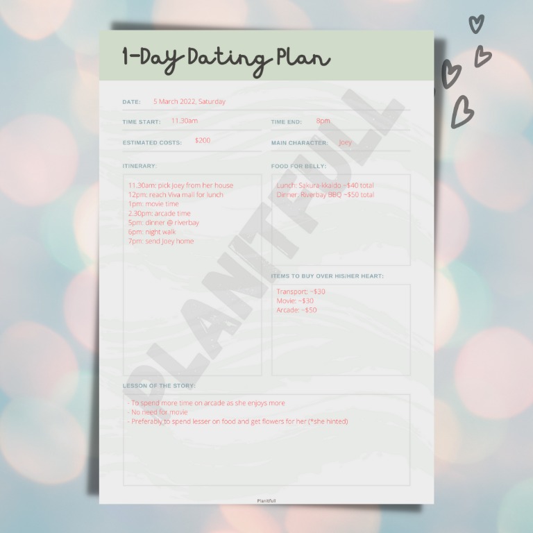 1-Date Dating Planner (PDF, A4, Printable), Hobbies & Toys, Stationery ...