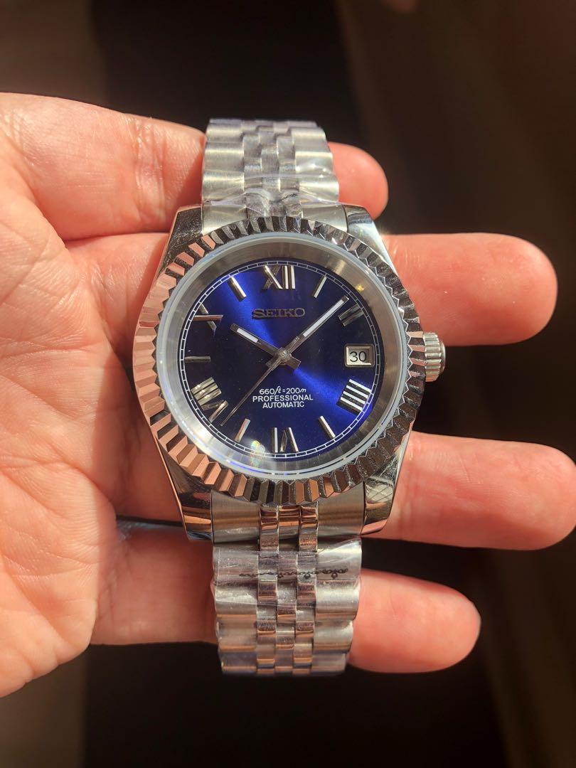 Datejust Roman Numerals Blue Dial Watch Seiko NH35 Mod, Men's Fashion ...