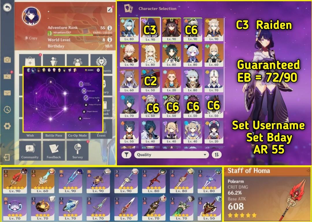 Genshin Impact Account For Sale With Hu Tao + Homa + Kazuha + C3 Raiden ...