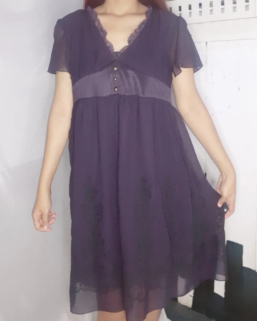 Kawaii Daily Dress Ungu Tua V neck Sifon, Fesyen Wanita, Pakaian Wanita, Gaun & Rok di Carousell