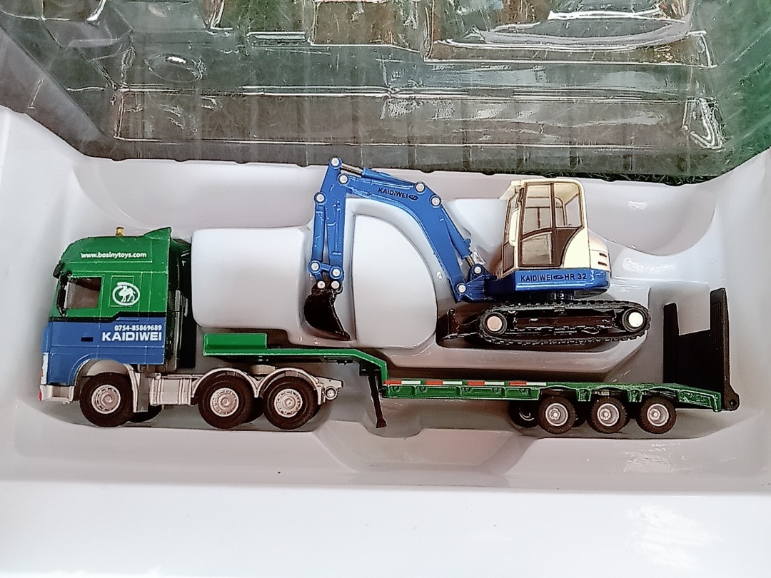 KDW 1:50 low loader with Excavator Alloy Diecast Car Model Truck Flat ...
