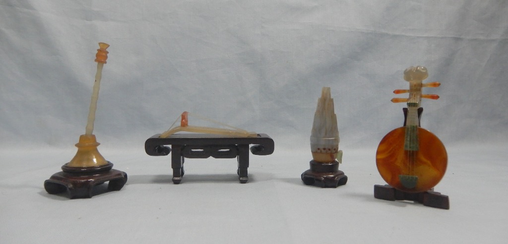 Vintage Chinese semi precious stone miniature musical instrument set of ...