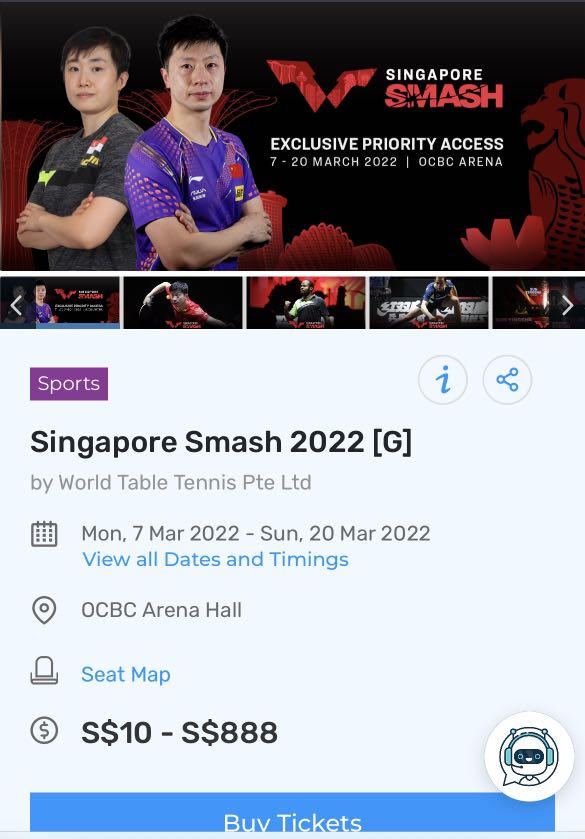 WTT smash 2022 Singapore final ticket , Tickets & Vouchers, Event ...