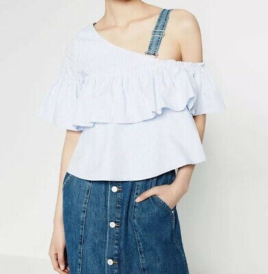 Zara Asymmetric One Off Shoulder Blue Striped Ruffled Cropped Top Toga, Women's Fashion, Tops ...