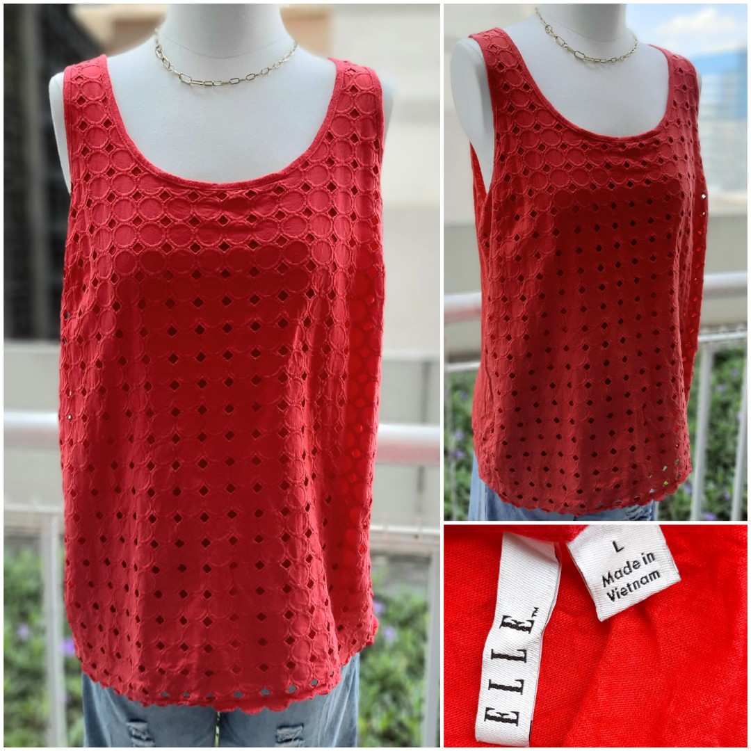 Elle Eyelet Sando (Red), Women's Fashion, Tops, Sleeveless on Carousell