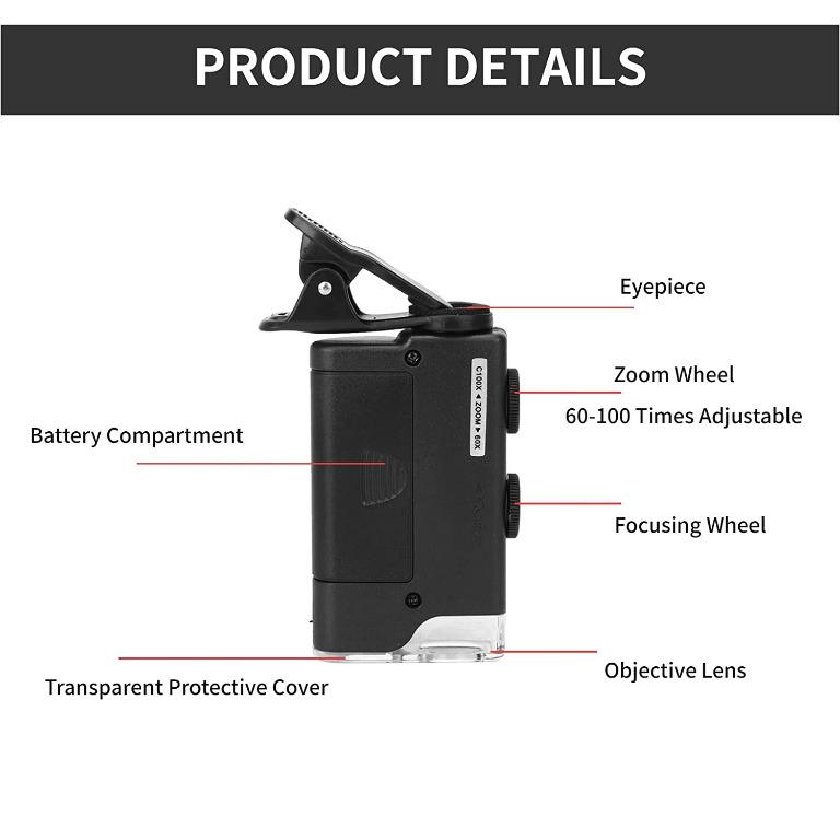 Magnifier Microscope,60-100X Portable Clip Microscope,Glass LED ...