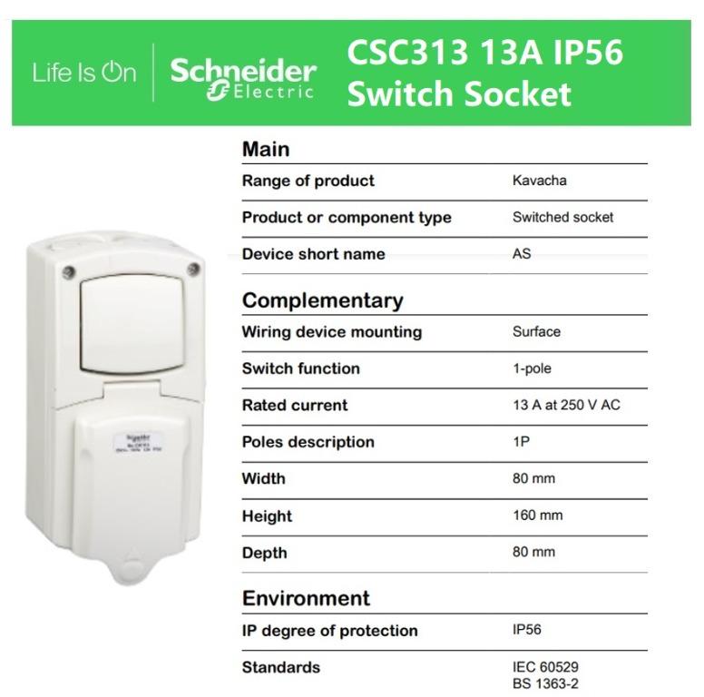 Schneider CSC313 13A Weatherproof Switch Socket, TV & Home Appliances, Electrical, Adaptors ...