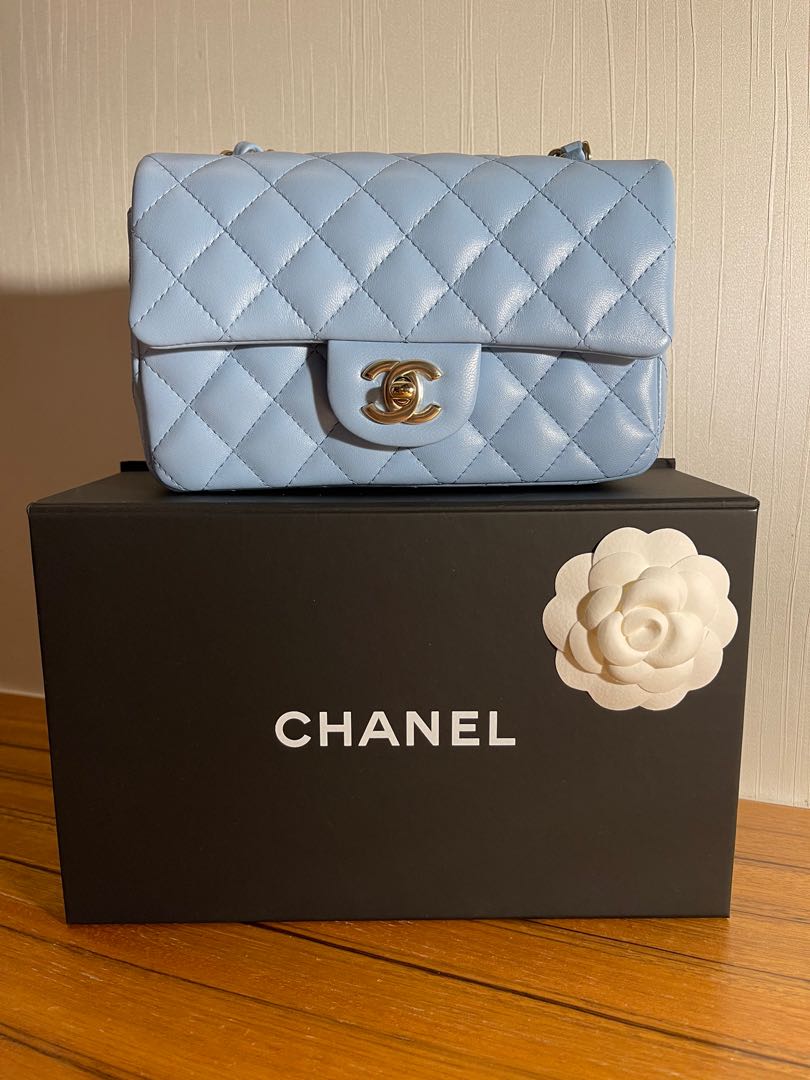Chanel mini CF classic flap 20 cm baby blue, 名牌, 手袋及銀包 - Carousell