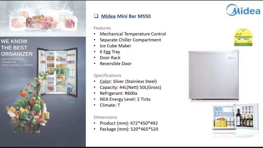 MIDEA 40L Bar Fridge MS-50, TV & Home Appliances, Kitchen Appliances ...