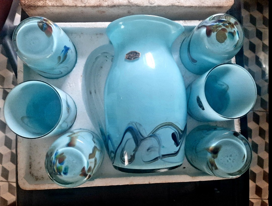 1960s Dalian Glass Chinese Export Snowflake Glass Pitcher and 6 ...