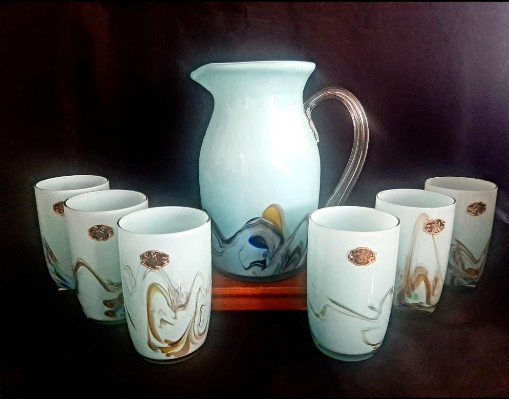 1960s Dalian Glass Chinese Export Snowflake Glass Pitcher and 6 ...