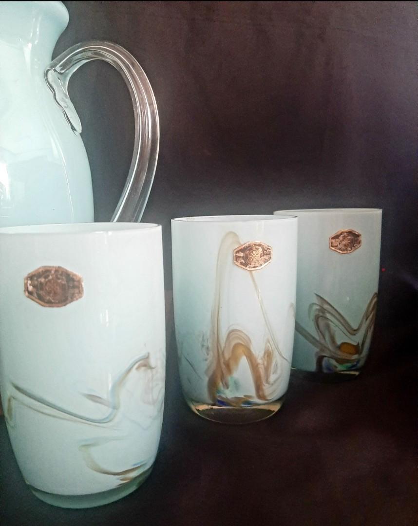 1960s Dalian Glass Chinese Export Snowflake Glass Pitcher and 6 ...