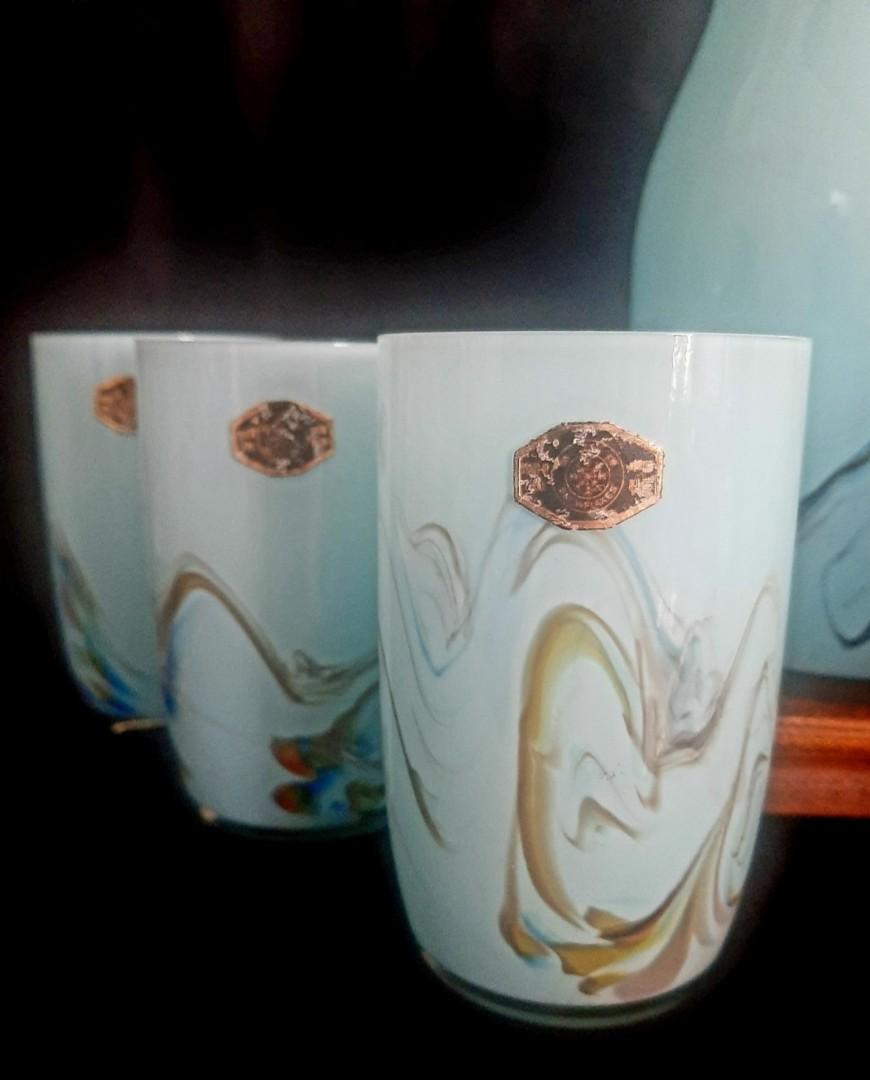 1960s Dalian Glass Chinese Export Snowflake Glass Pitcher and 6 ...