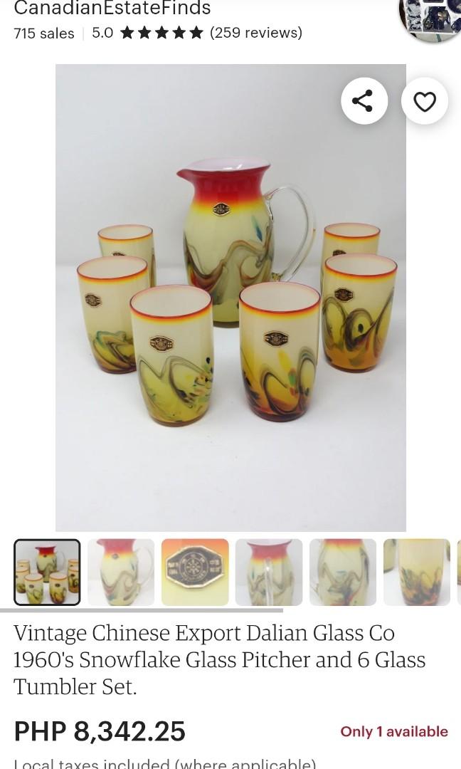 1960s Dalian Glass Chinese Export Snowflake Glass Pitcher and 6 ...