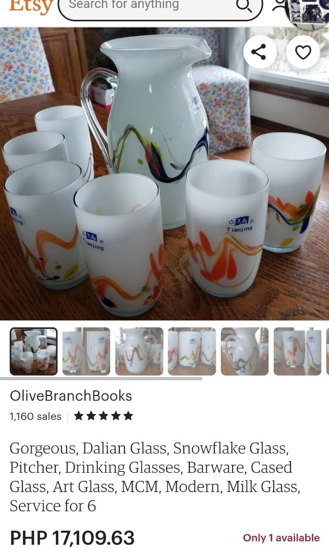 1960s Dalian Glass Chinese Export Snowflake Glass Pitcher and 6 ...