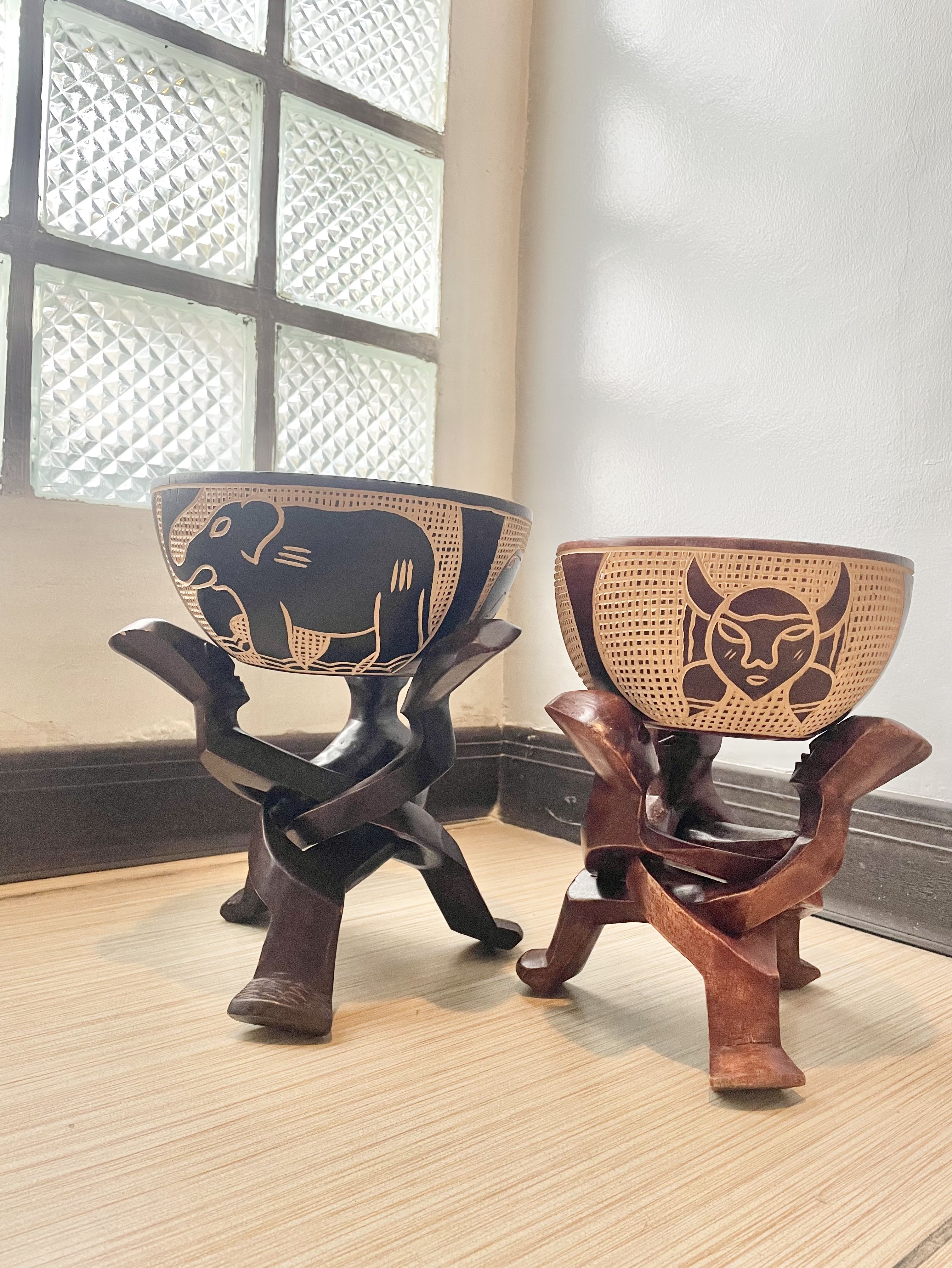 African Unity Hand Carved Wooden Bowl and Stand, Hobbies & Toys ...