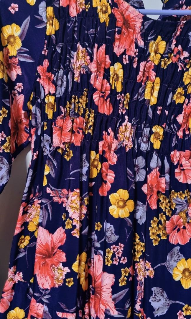 Dark Blue Floral Smock Dress, Women's Fashion, Dresses & Sets, Dresses ...