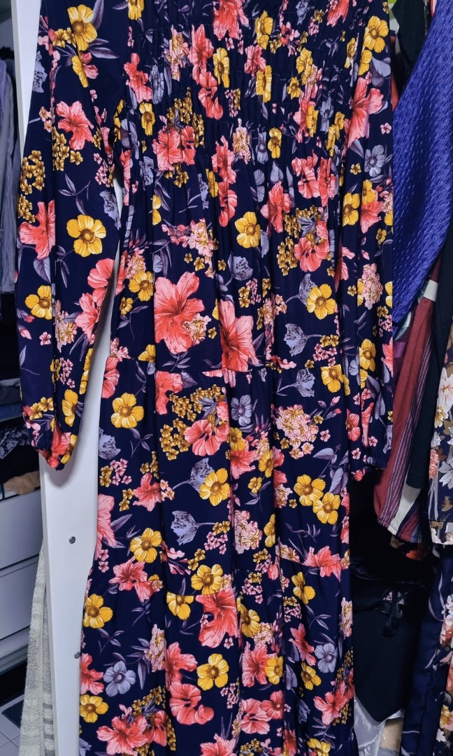 Dark Blue Floral Smock Dress, Women's Fashion, Dresses & Sets, Dresses ...