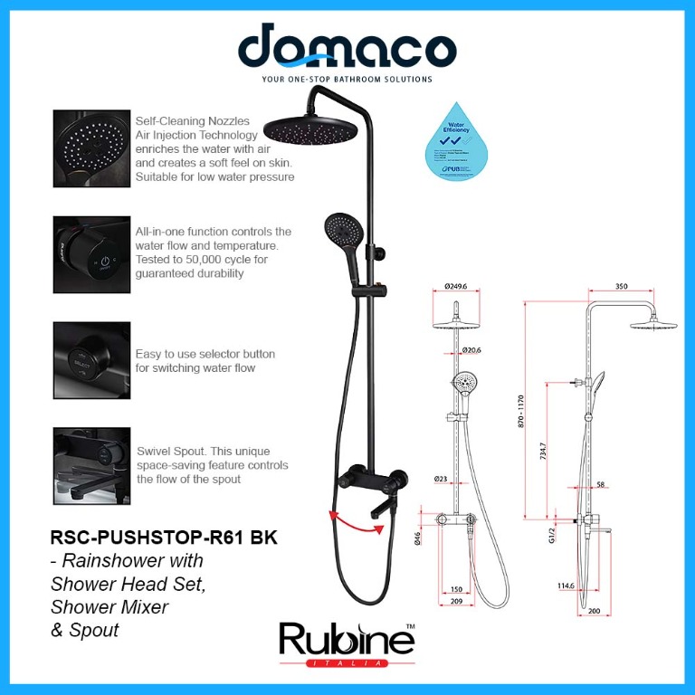 Rubine RSC-PUSHSTOP-R61-BK Rain Shower Set with Hand Shower and Shower ...