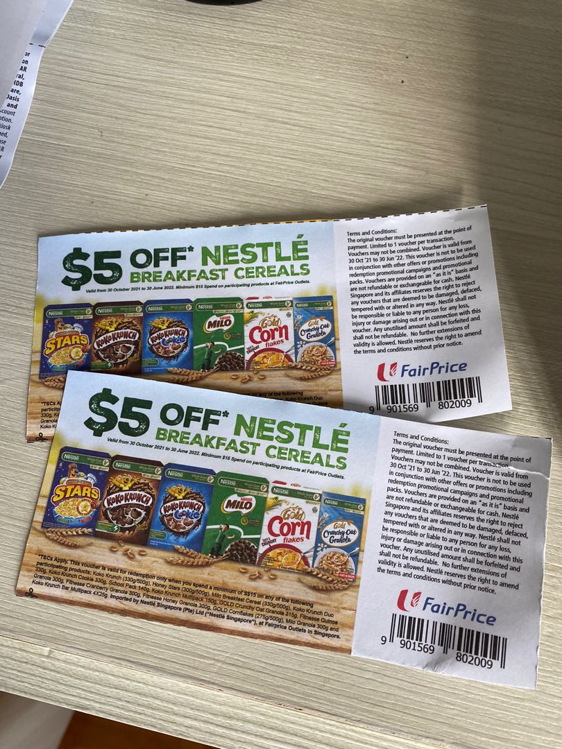 NTUC FairPrice nestle breakfast cereals $5 vouchers, Tickets & Vouchers ...