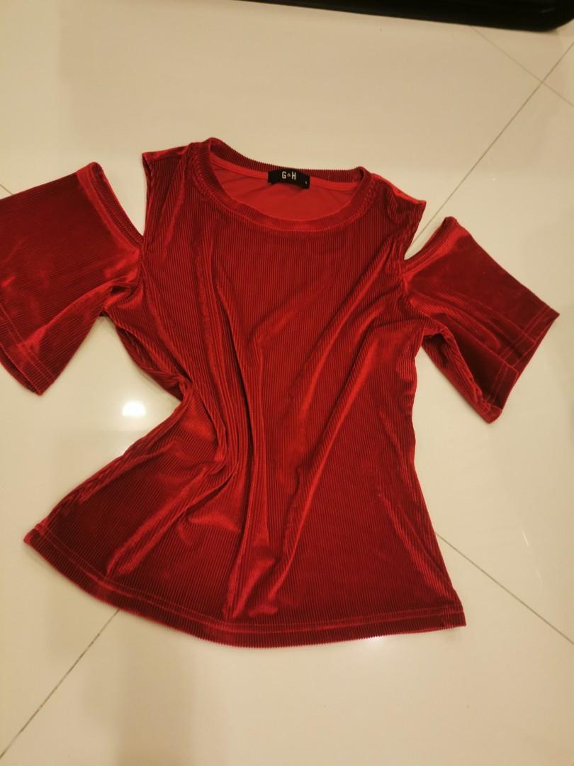 Red Velvet Shoulder Cut Open Top, Women's Fashion, Tops on Carousell