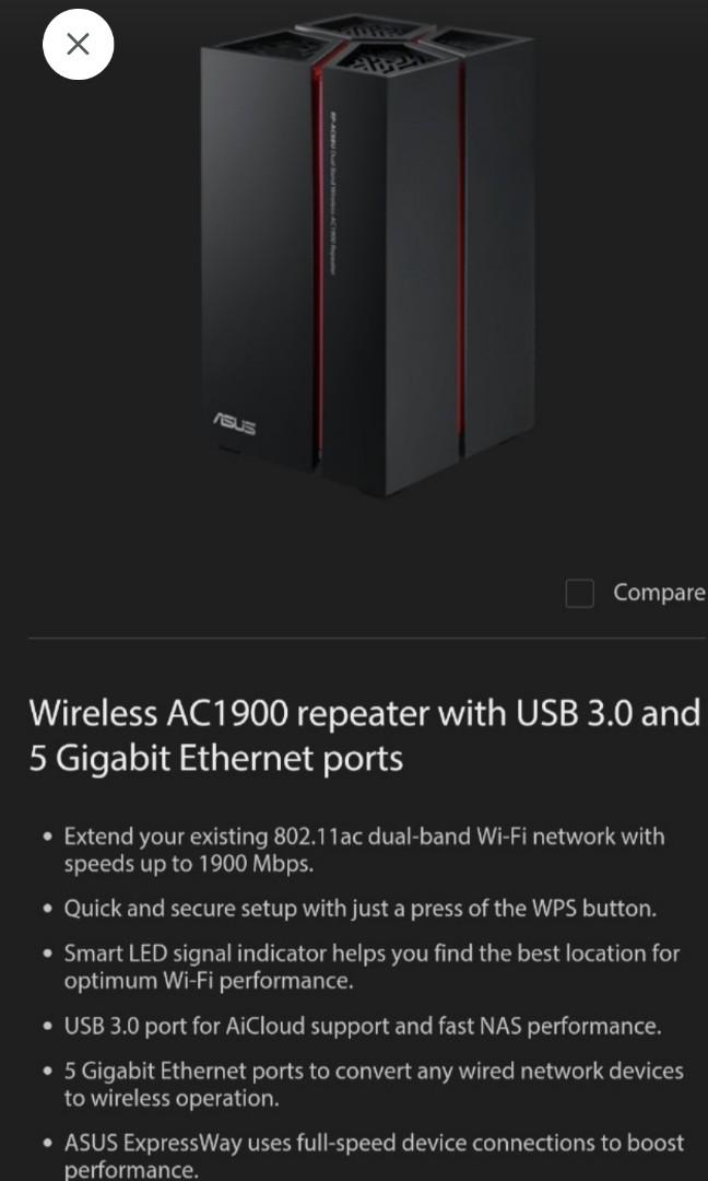 ASUS RP-AC68U Wireless AC1900 Repeater with USB 3.0 and 5 Gigabit ...