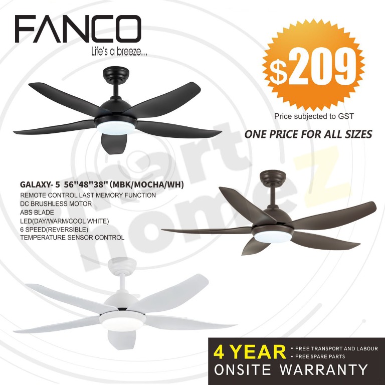 Fanco Galaxy-5 DC Motor Ceiling Fan 38"/48"/56", Furniture & Home ...